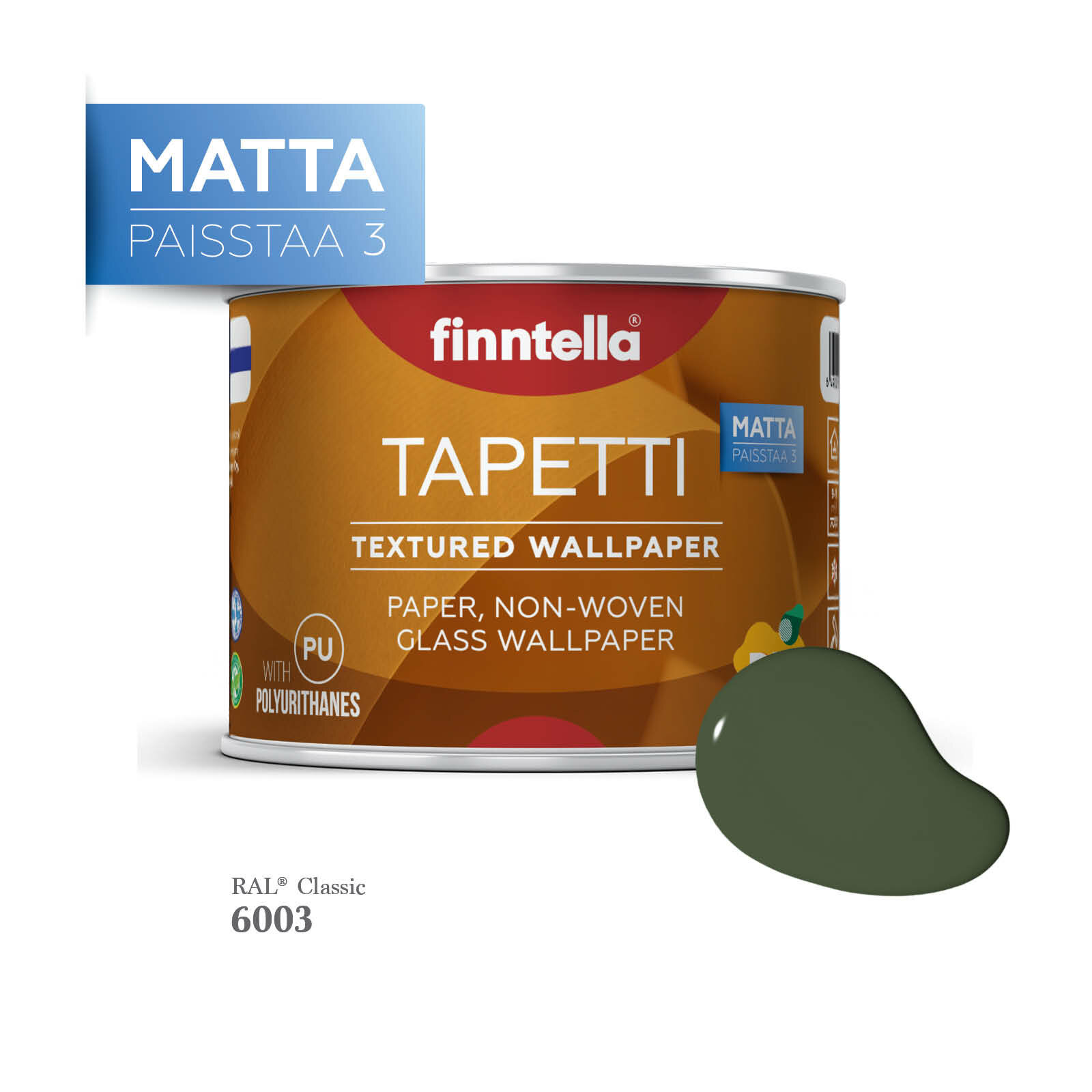 Матовая краска для обоев под окраску TAPETTI Matta FINNTELLA, Цвет RAL 6003 Оливково-зеленый (Olive green), 0,45л