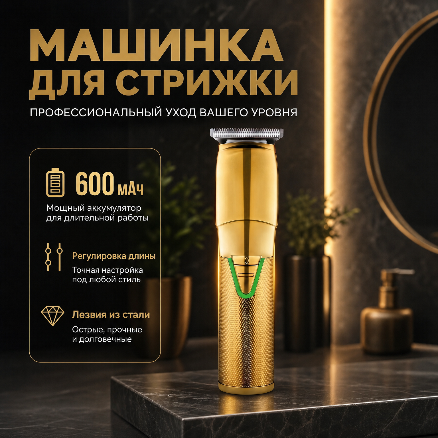 Машинка для стрижки волос и бороды, профессиональная, беспроводная, с 3 насадками (Цвет товара: золотистый)