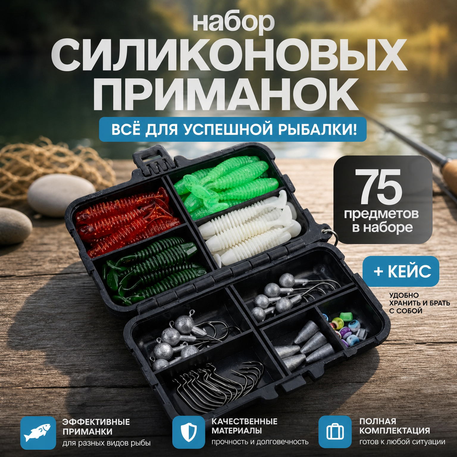Силиконовый набор / Подарок для рыбака / 75 предметов / Джиг набор / Подарочный кейс (Длина: 0.12 м; Цвет товара: синий; Размер приманки, дюймы: 1.8; Размеры, мм: 120x80x45)
