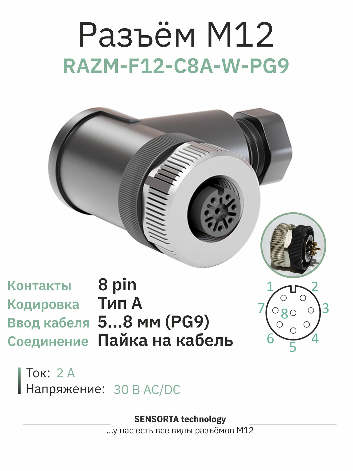 RAZM-F12-C8A-W-PG9 разъём М12 8 pin угловой / розетка (мама) / PG9 (5-8 мм диаметр под кабель)