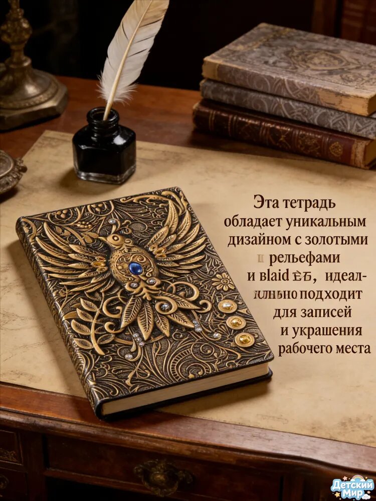 Блокнот А5, 100 листов, искусственная кожа, дизайн с фениксом, серый металлик — фото 1