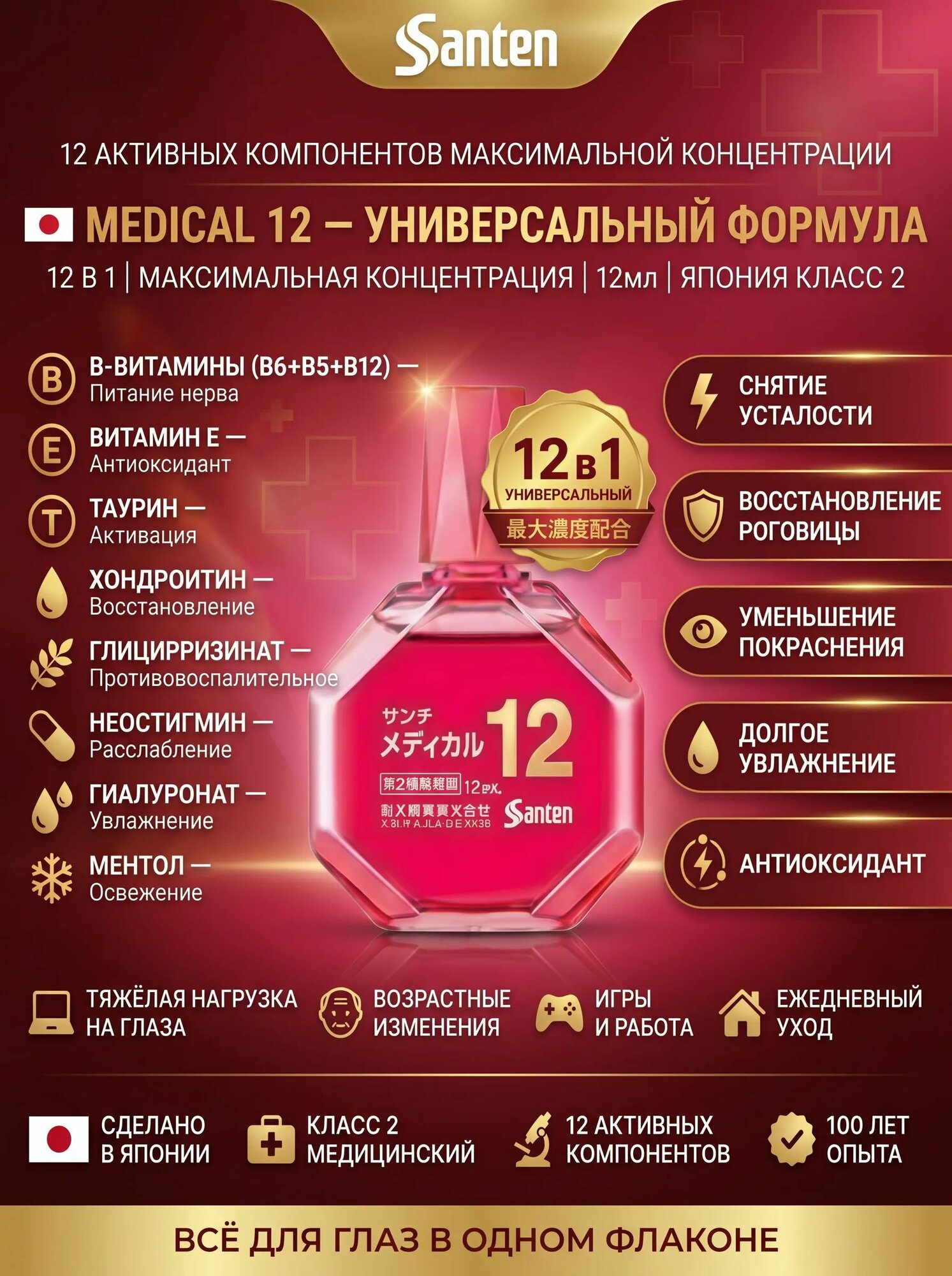 Santen Medical 12 капли для глаз японские Капли для глаз с витаминами, от сухости, усталости против сухости от усталости глаз витаминные