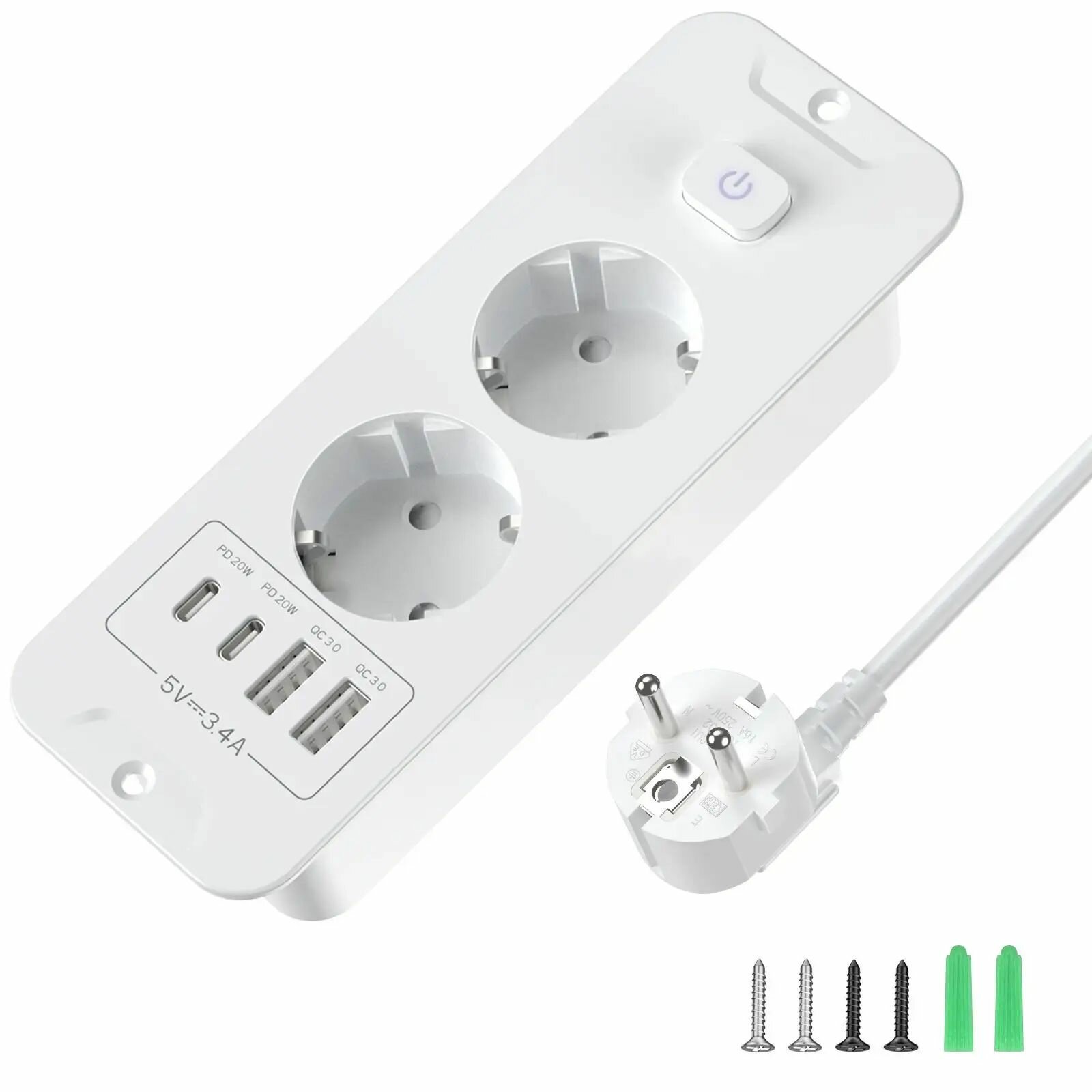 Встраиваемый удлинитель с 2 розетками и 2 USB + 2 Type-C (быстрая зарядка), выключатели, 4000W 16A 250V, огнестойкий и пылезащитный