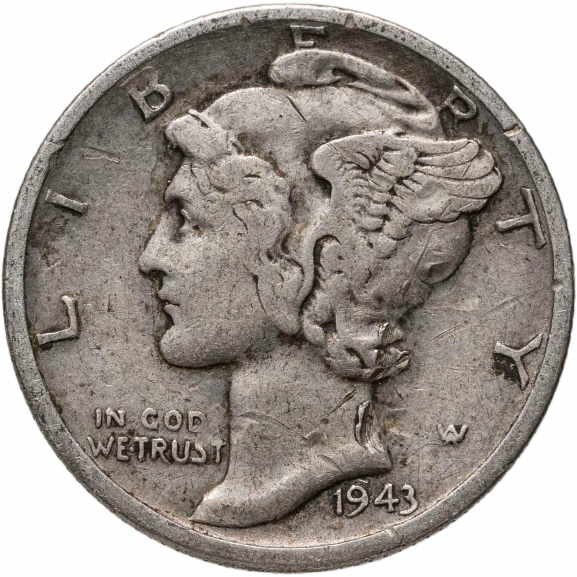 США 10 центов дайм, one dime 1943 S Mercury Dime дайм "Меркурий" знак монетного двора "S" - Сан-Франциско, Серебро 900, в сохранности VF