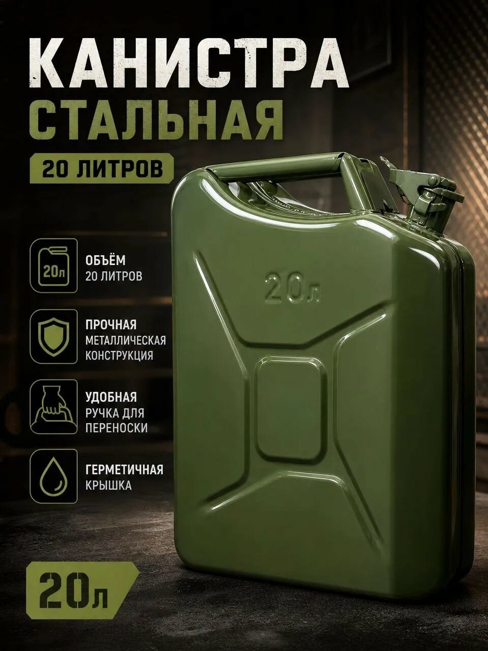 Канистра стальная. 20л. Предназначение: для транспортировки и хранения горючего и масел