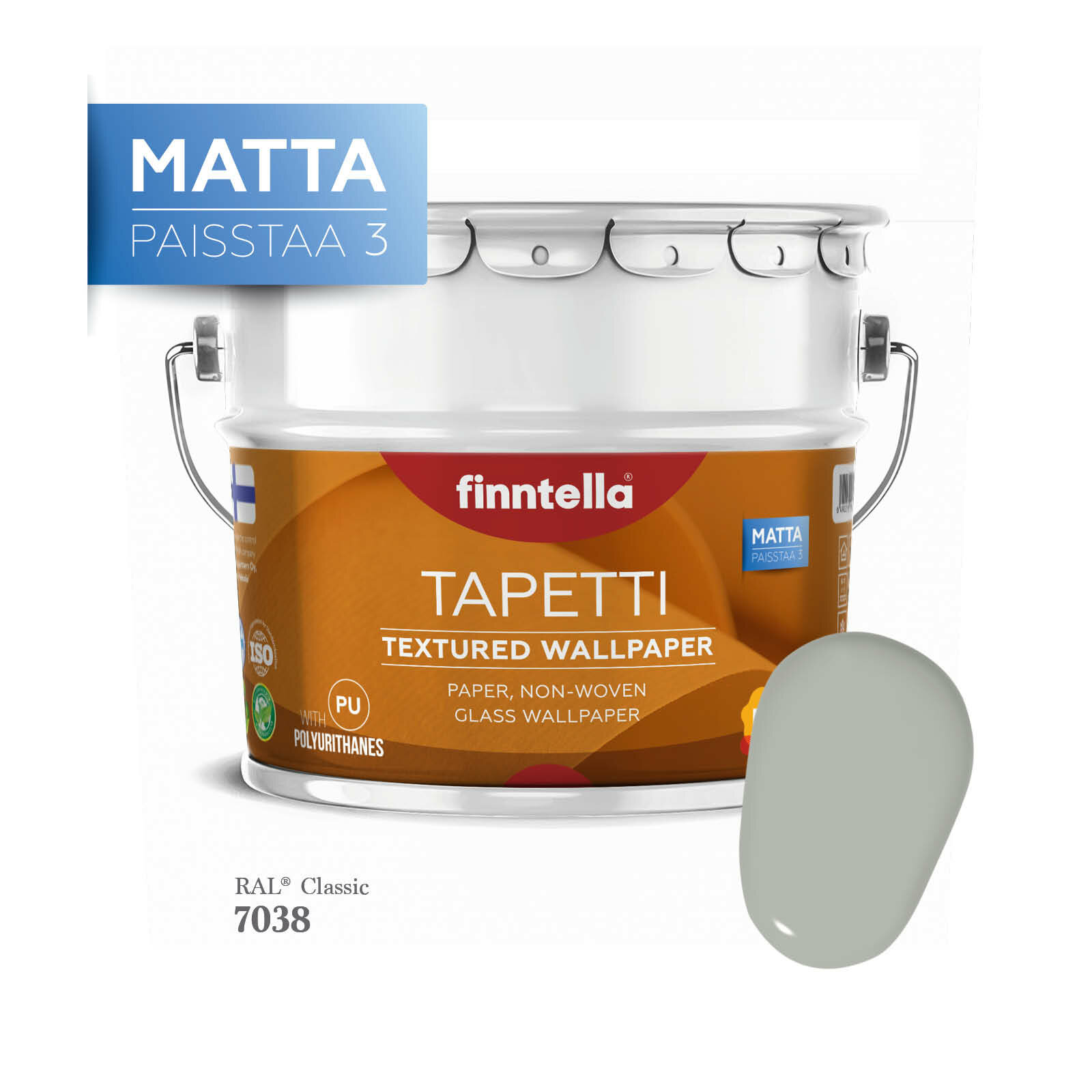 Матовая краска для обоев под окраску TAPETTI Matta FINNTELLA, Цвет RAL 7038 Агатовый серый (Agate grey), 9л
