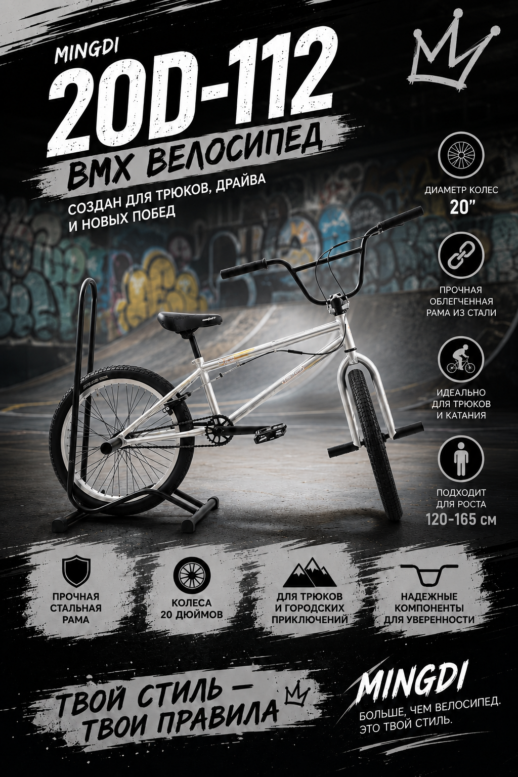 Трюковой велосипед BMX BREND MINGDI ORIDINAL 20D-112, диаметр колес 20", рама сталь, серебряный