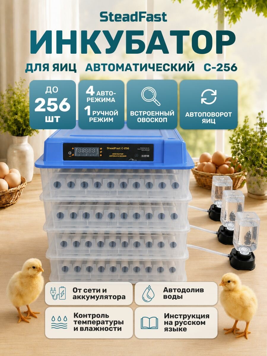 Инкубатор для яиц автоматический SteadFast С-256, 256 яиц, автоповорот, овоскоп, автодолив, гигрометр, терморегулятор, 220/12В, интеллектуальное управление