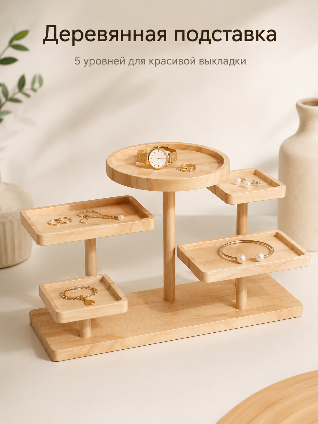 Подставка для фигурок деревянная многоуровневая, 5 площадок, светлое дерево, для коллекции, 30×23 см, 1 шт.