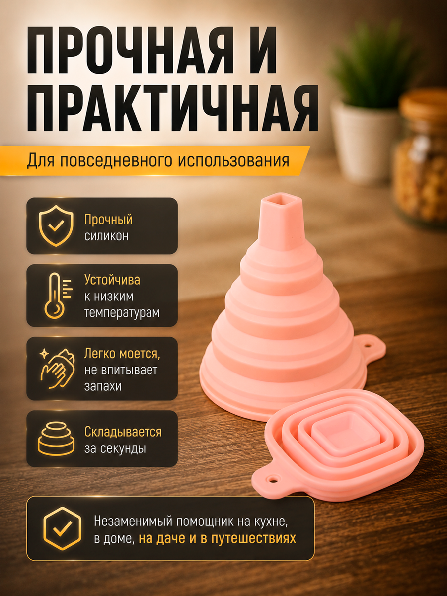 Воронка складная Доляна «Квадро», силикон, размер 7×9 см, розовая