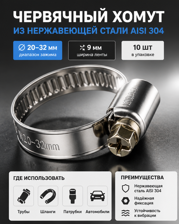 Хомут червячный DIN 3017, нержавеющая сталь W2, 20-32 мм (10 шт)