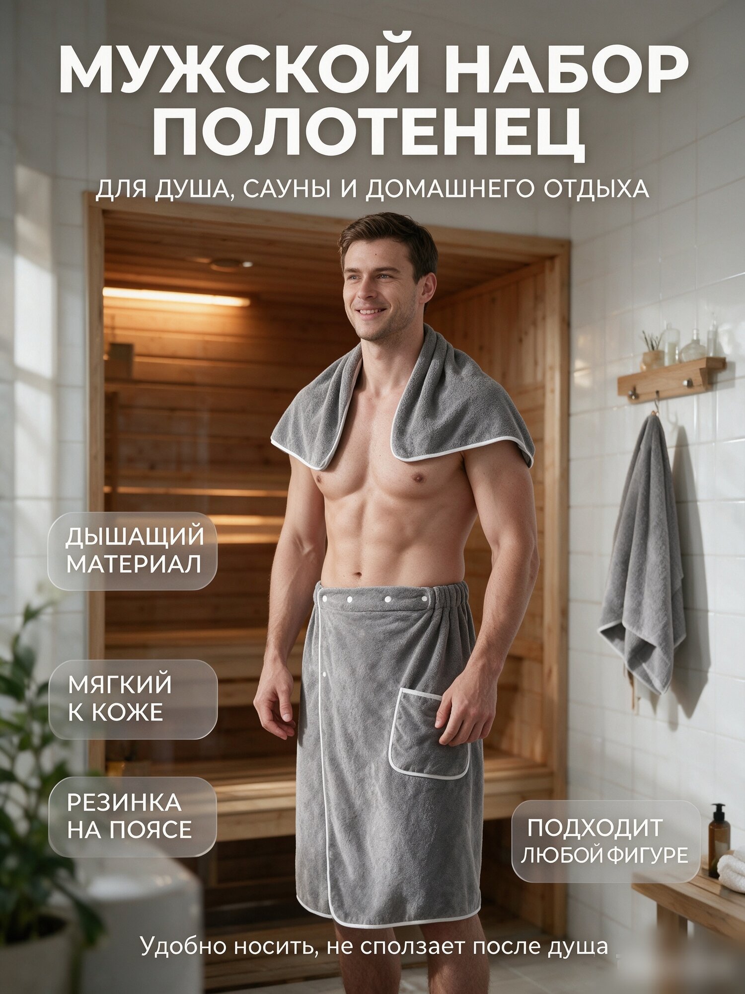 Халат +полотенце, с карманами и капюшоном, быстросохнущее, 150×80 см