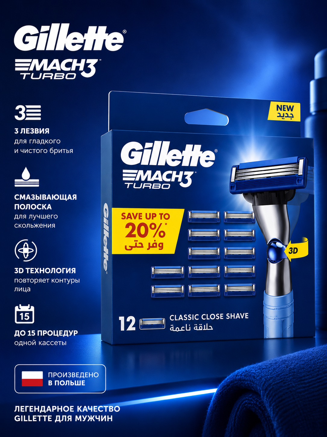 Сменные кассеты для бритья мужские, Gillette Mach3 turbo 12 кассет, оригинальные