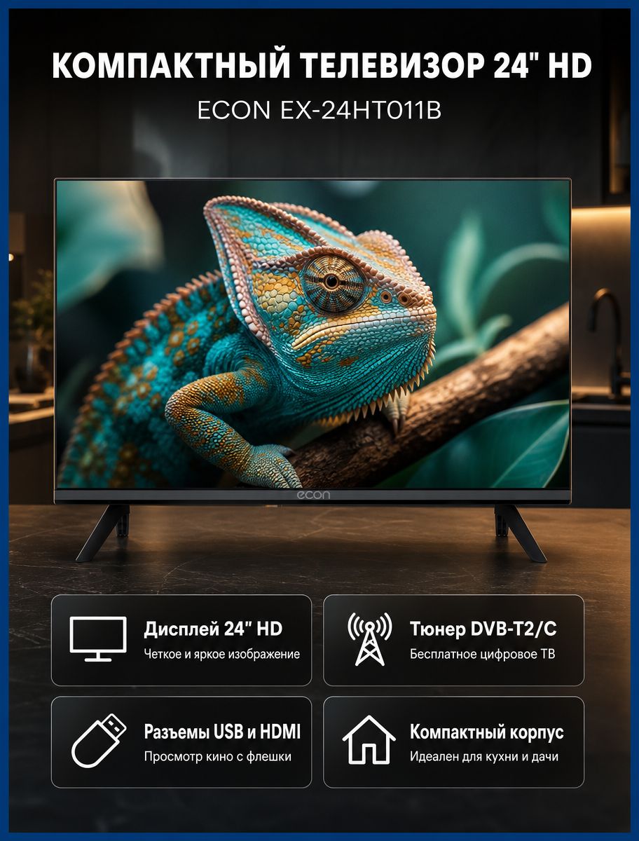 ECON Телевизор EX-24HT011B 24 дюйма (60 см), LED, DVB-T2, USB медиаплеер 24″ HD, черный