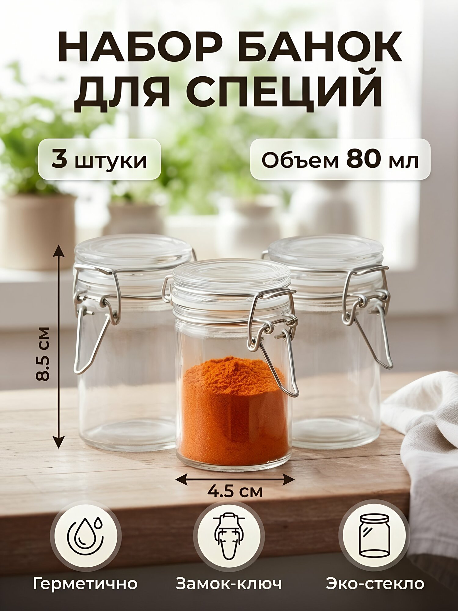 Банка для сыпучих продуктов, стекло, 0.08 л, 4.5х8.5 см, 3 шт, с крышкой, с ключом, Y4-11679
