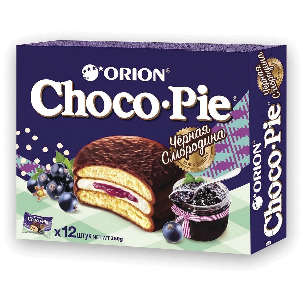Печенье ORION "Choco Pie Black Currant" темный шоколад с черной смородиной, 360г (12 штук х 30 г) (О0000013002), 8 уп.