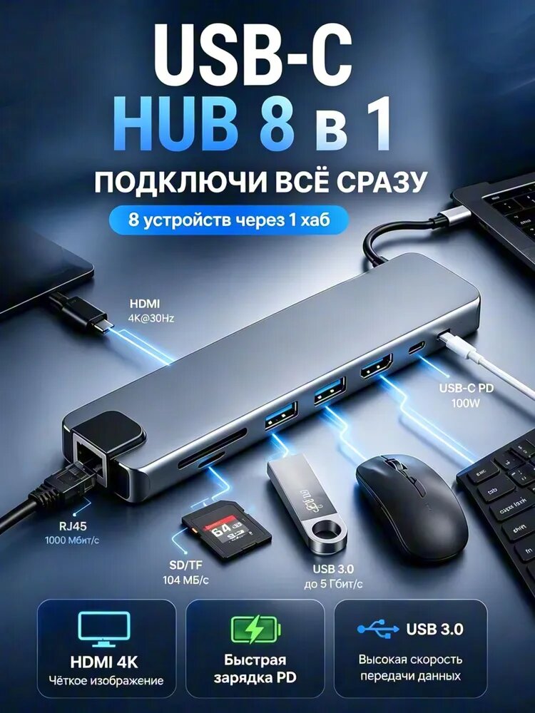 USB C HUB 8 в 1, док станция для ноутбука MacBook iPad, HDMI USB 3.0 Type-C адаптер