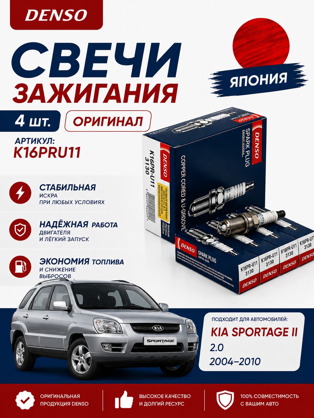 Свечи зажигания 4 шт. на Киа Спортейдж 2 Kia Sportage 2