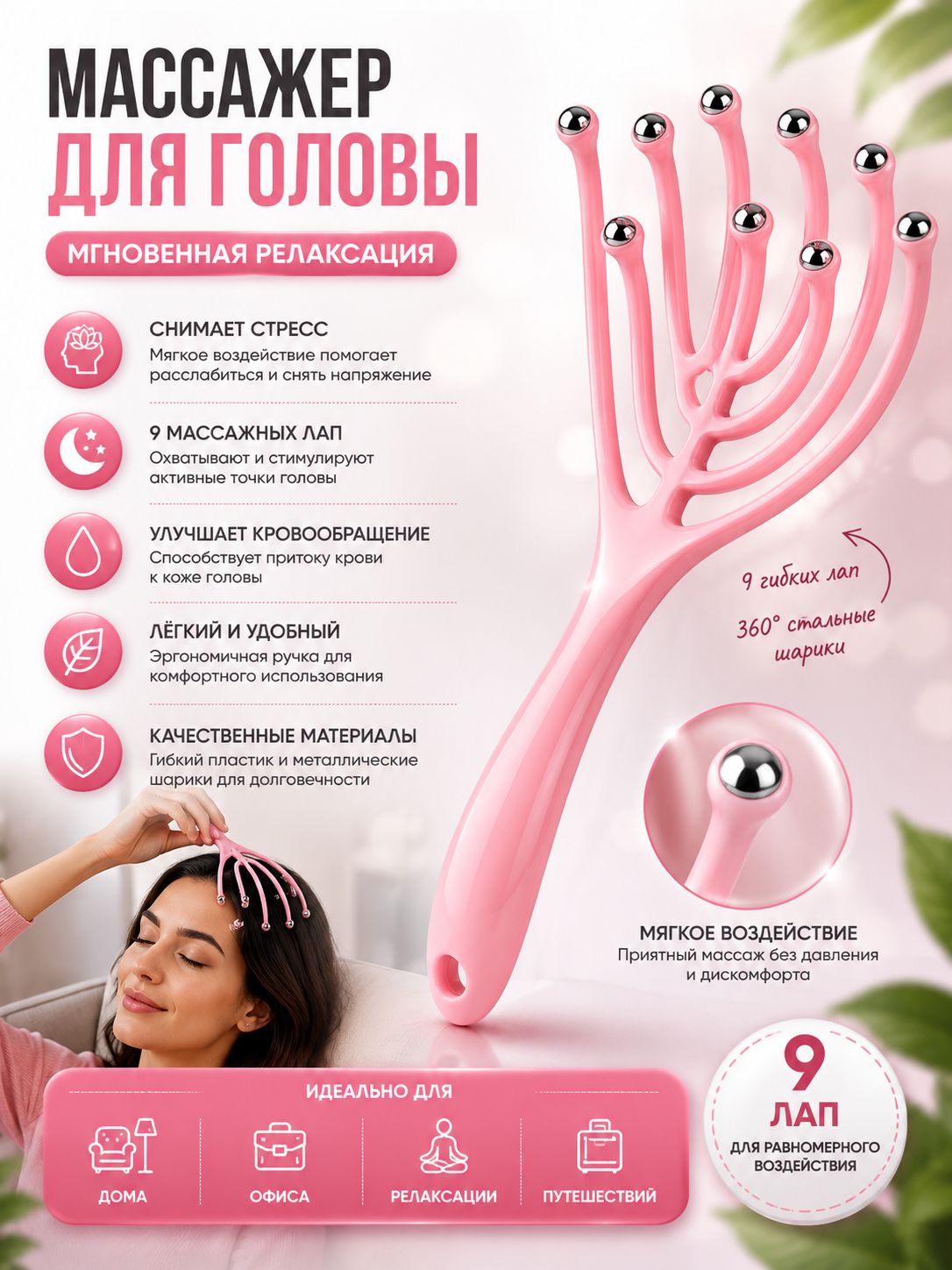 Массажер для головы, 9 лап с 360 стальными шариками