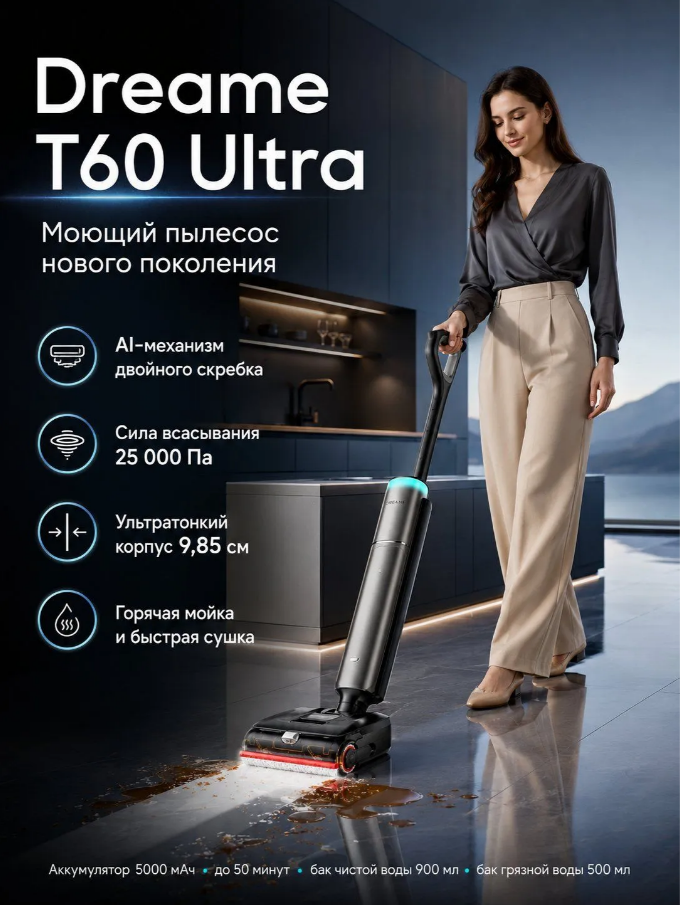 Моющий беспроводной пылесос Dreame T60 Ultra, сухая и влажная уборка, самоочистка горячей водой