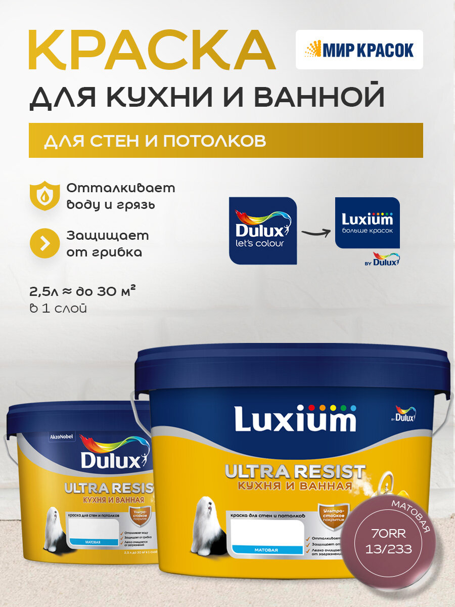 LUXIUM (DULUX) ULTRA RESIST кухня И ванная колерованная краска с защитой от плесени и грибка, матовая (2.25 л) цвет Redfeather; 70RR 13/233