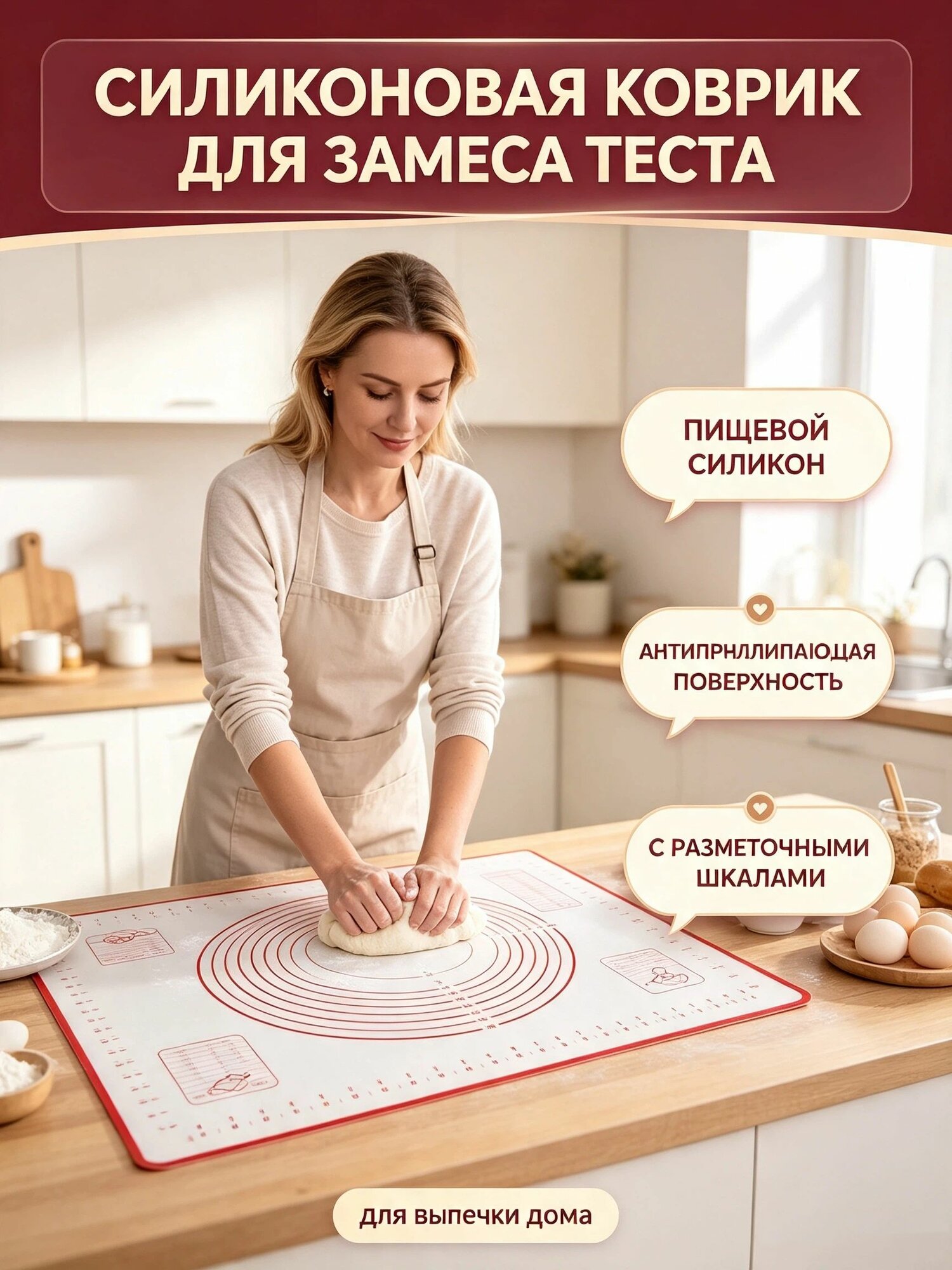 Силиконовый коврик для теста 80х60 см, антипригарный коврик для раскатки теста и выпечки с разметкой, пищевой силикон,