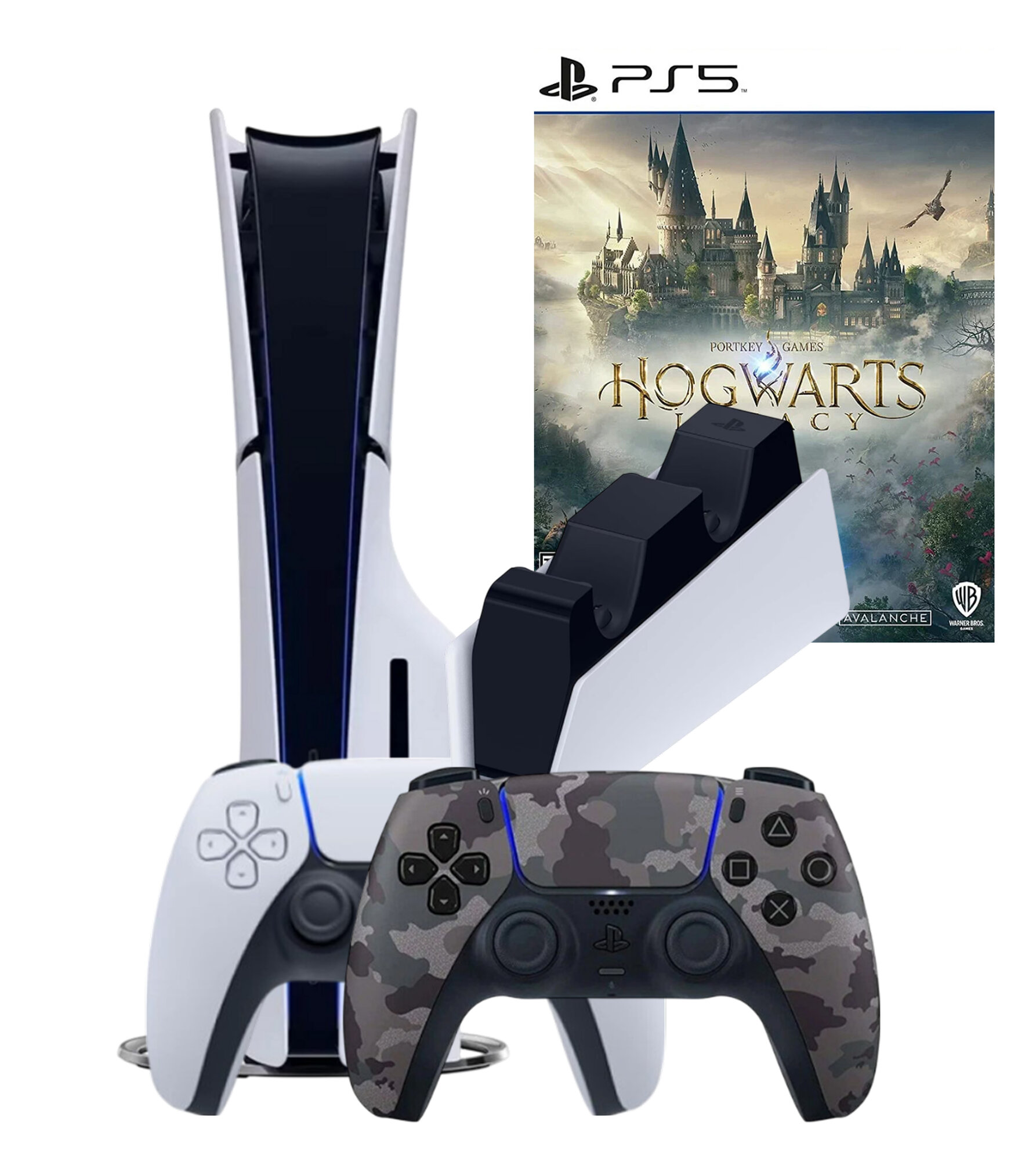 Игровая приставка Sony PS5 Slim + 2й геймпад камуфляж + игра Hogwarts Legacy + зарядная станция