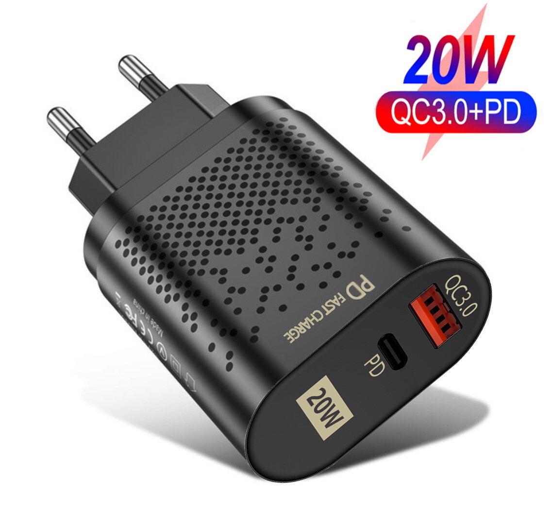 Сетевое зарядное устройство 20W для 2х устройств / Адаптер питания для iPhone, MacBook, Xiaomi и Samsung с функцией быстрой зарядки QC 3.0 и PD / Зарядка для телефона (ЗУ) Quick Charge 3.0
