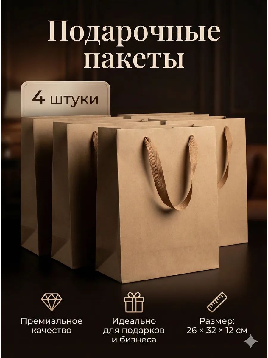 Плотные крафт пакеты с ручками-лентами, 26х32х12 см. 4 штуки