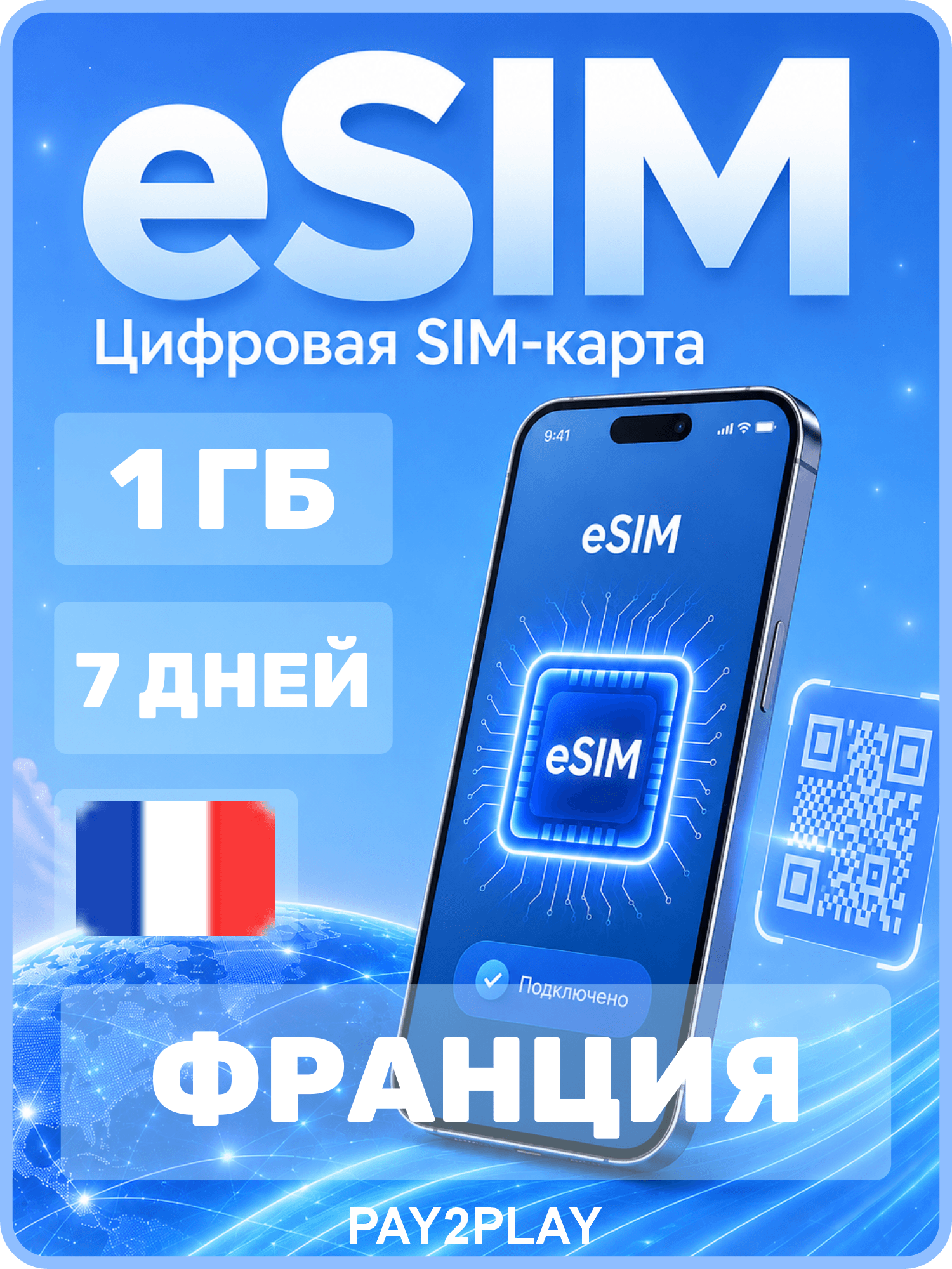 ESIM Франция, 1 ГБ на 7 дней / Digital eSIM France, 1GB, 7 days