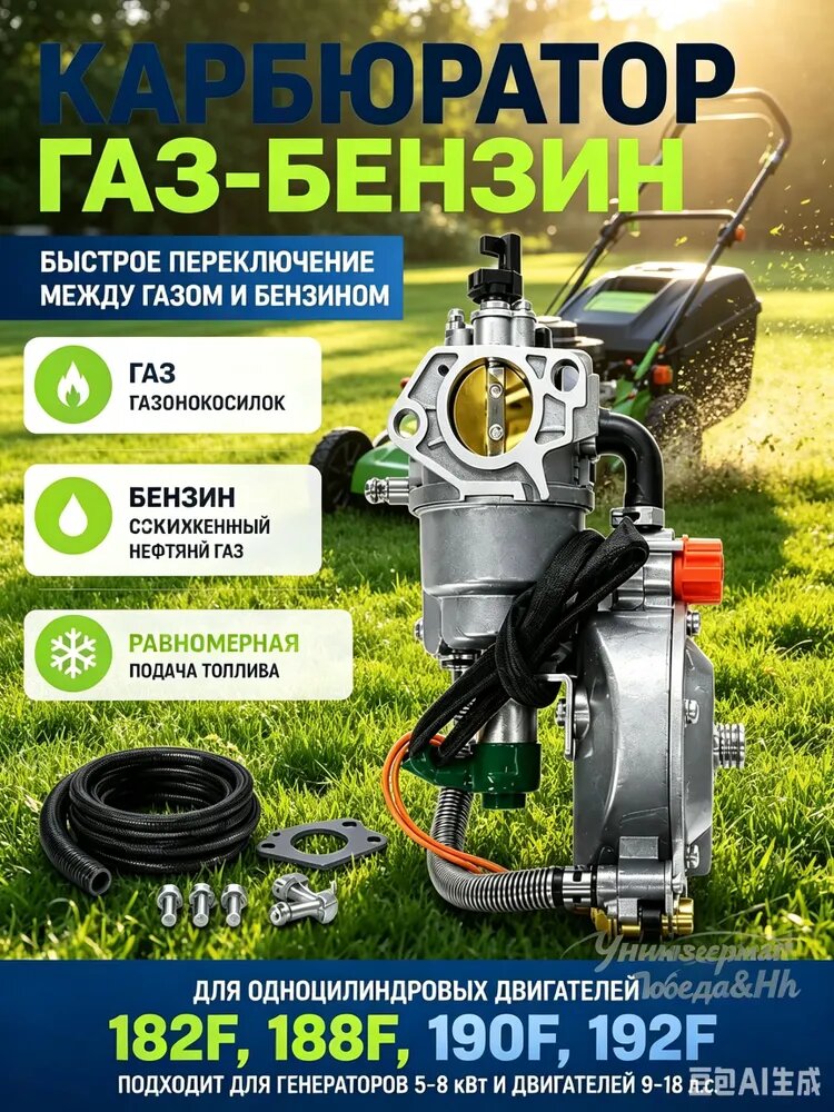 Карбюратор Газ и Бензин для генератора, электростанций 5, 6, 7, 8 кВт (182F, 188F, 190F, 192F) с Редуктором