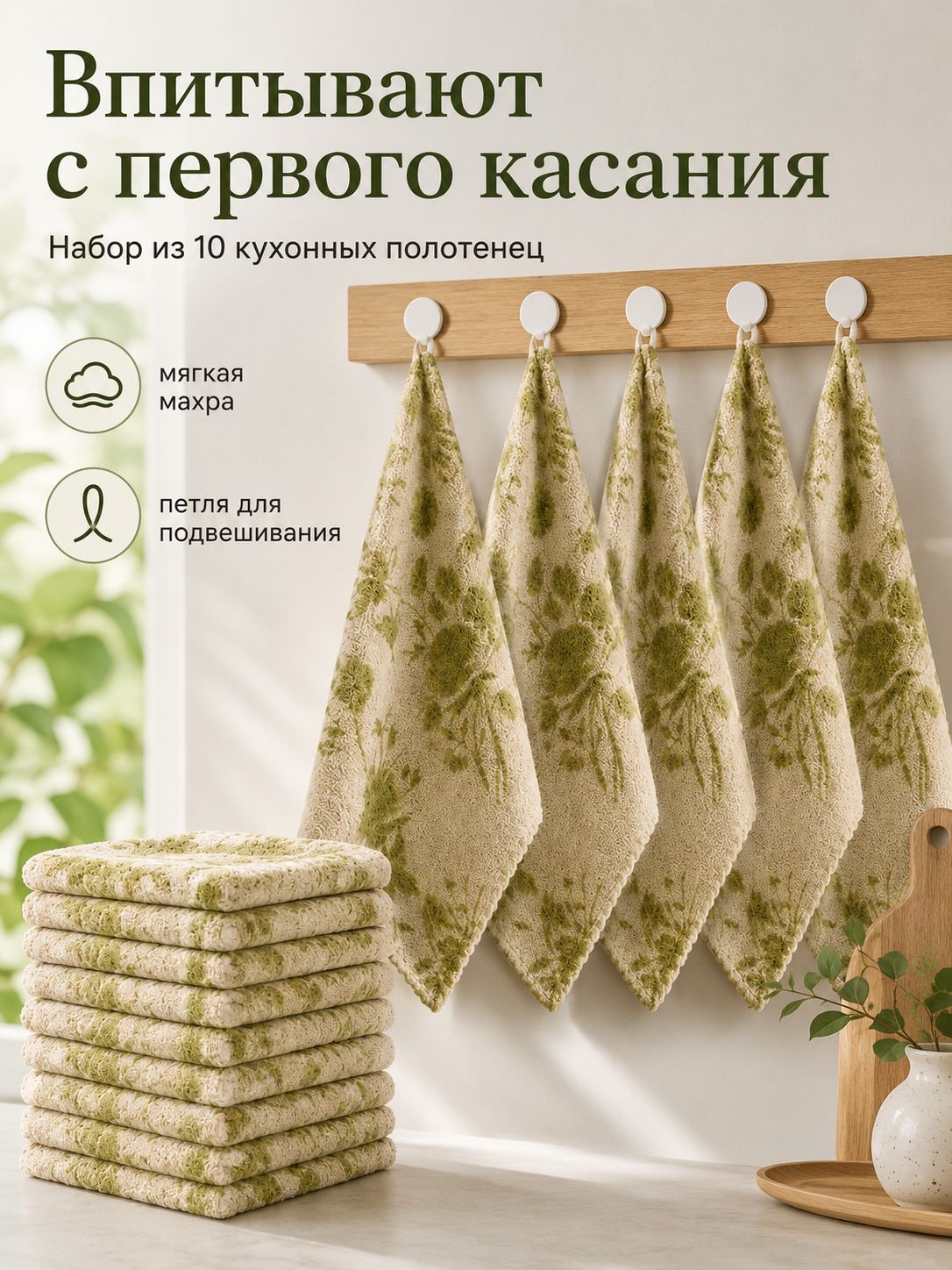 Набор кухонных полотенец 10 шт, махровые салфетки с петлей для подвешивания, впитывающие ,25cm*25cm