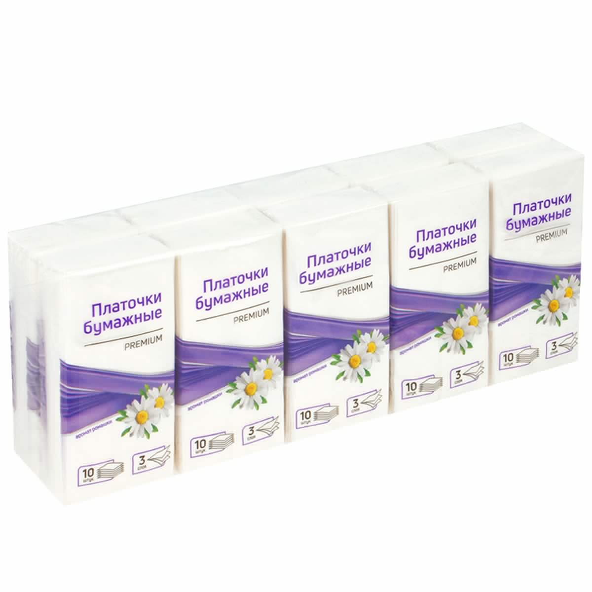 Платки носовые 3-слойные OfficeClean Ромашка, 10 пачек по 10 платков (328306), 24 уп.