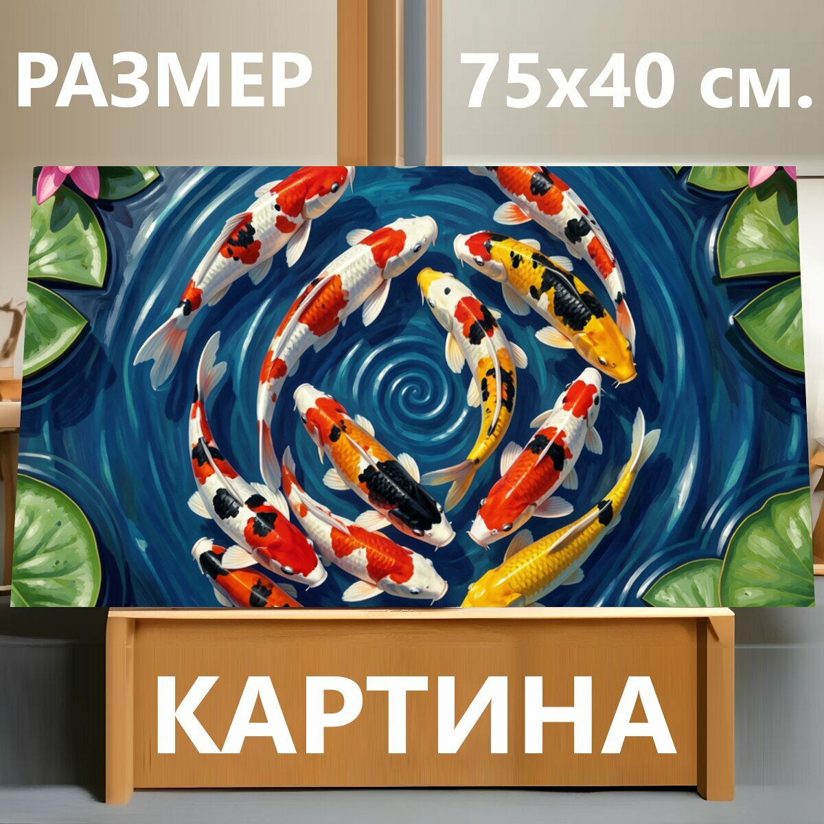 Картина на холсте "Кои в водяном круге. Яркая декоративная композиция с разноцветными карпами кои, плавающими среди кувшинок и розовых водяных." на подрамнике 75х40 см. для интерьера