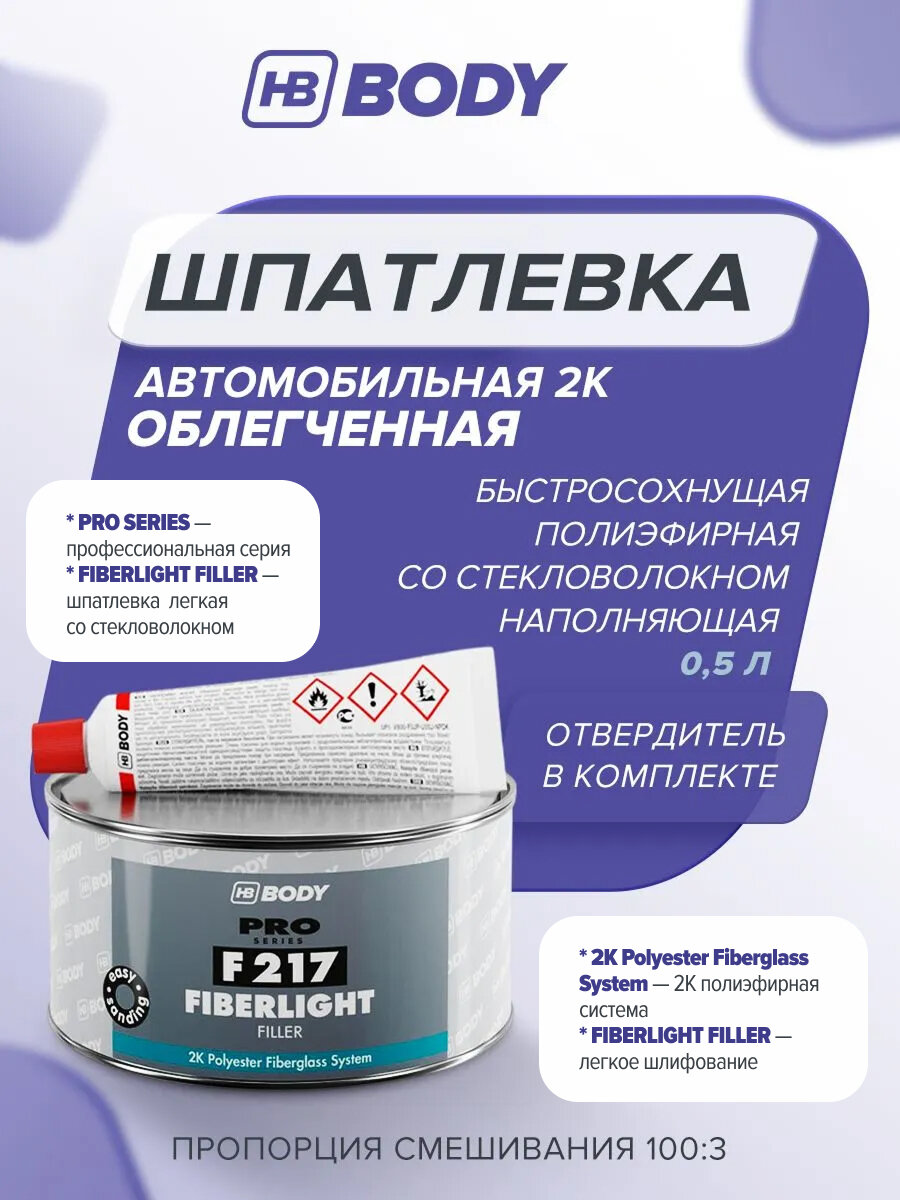 Шпатлевка автомобильная со стекловолокном 0,5 л 2К зеленая с отвердителем / HB BODY F217 / шпаклёвка стекловолокно