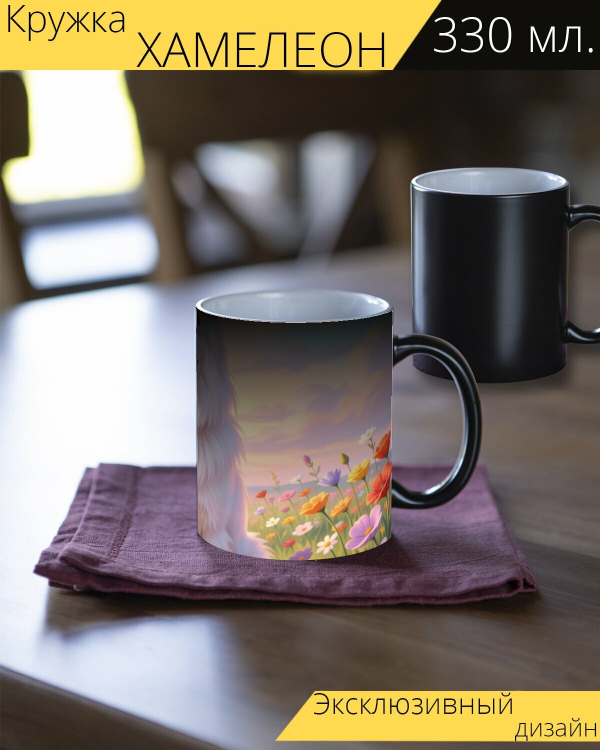 Кружка хамелеон с принтом "Белая собака среди полевых цветов. Нежная иллюстрация с пушистой белой собакой на цветущем лугу под розово-голубым небом. Пастельные оттенки." 330 мл.