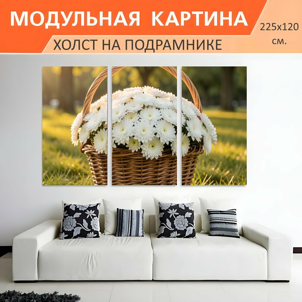 Модульная картина на холсте "Корзина из плетеной лозы, наполненная пышным букетом белых хризантем с множеством лепестков, стоит на." триптих на подрамнике 225х120 см. для интерьера