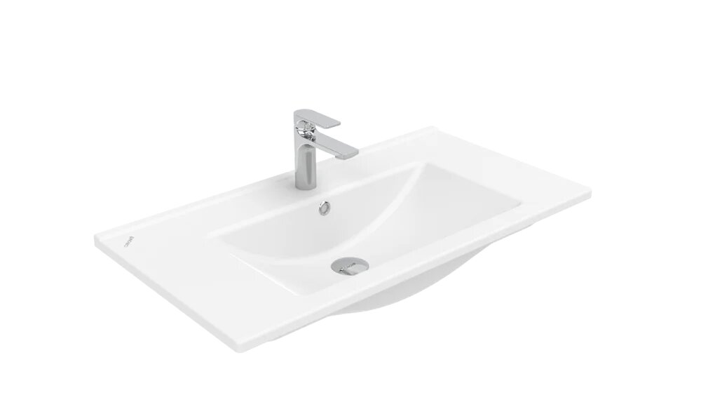 Мебельная раковина Creavit Su 85 накладная, фарфоровая, со встроенным сливом-переливом, белая, глянцевая, раковина для ванной, прямоугольная