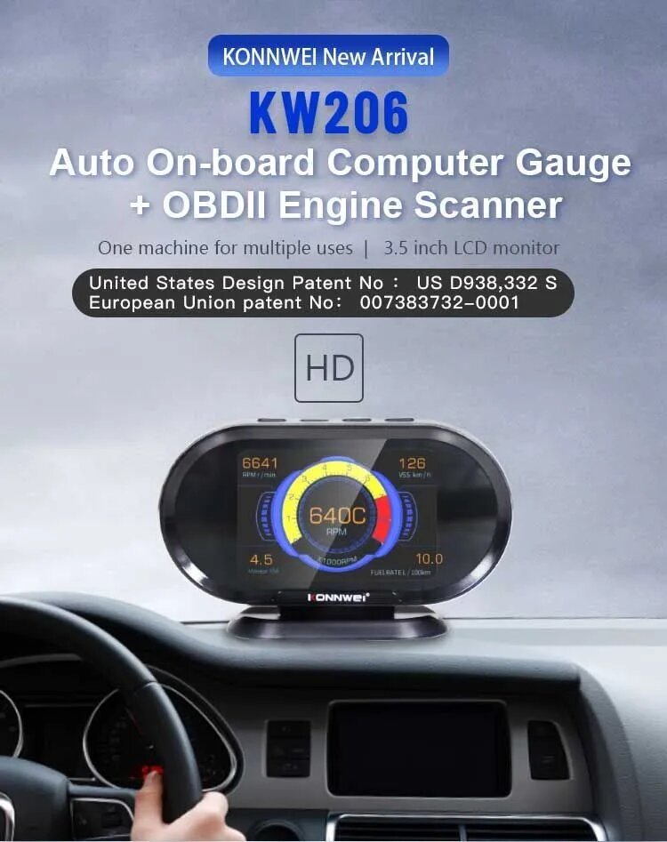 Компьютер бортовой KW206 Auto On-board Computer Gauge +OBDII Engine Scanner Черный Комплект — фото 1