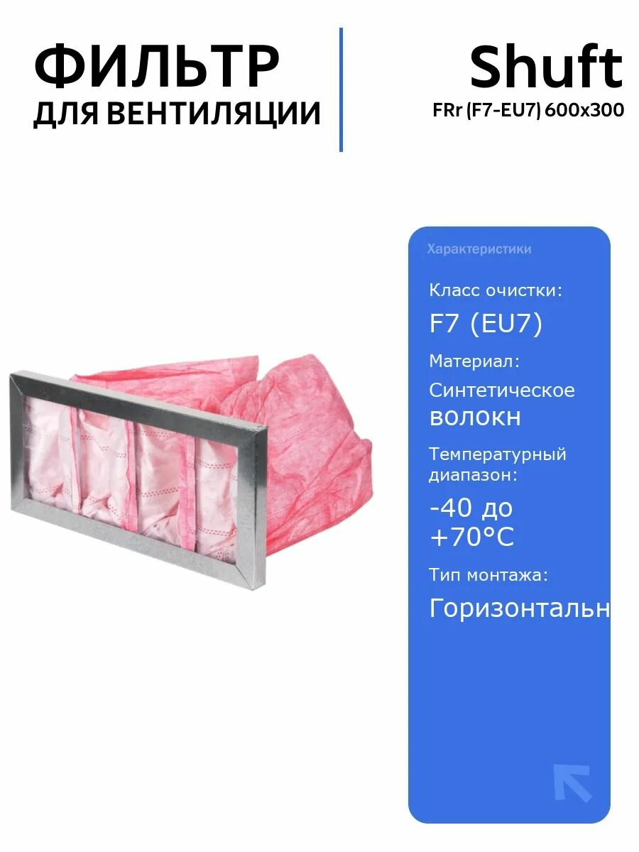 Фильтр карманный Shuft FRr (F7-EU7) 600*300 для систем вентиляции, очистка воздуха, синтетическое волокно, класс F7-EU7