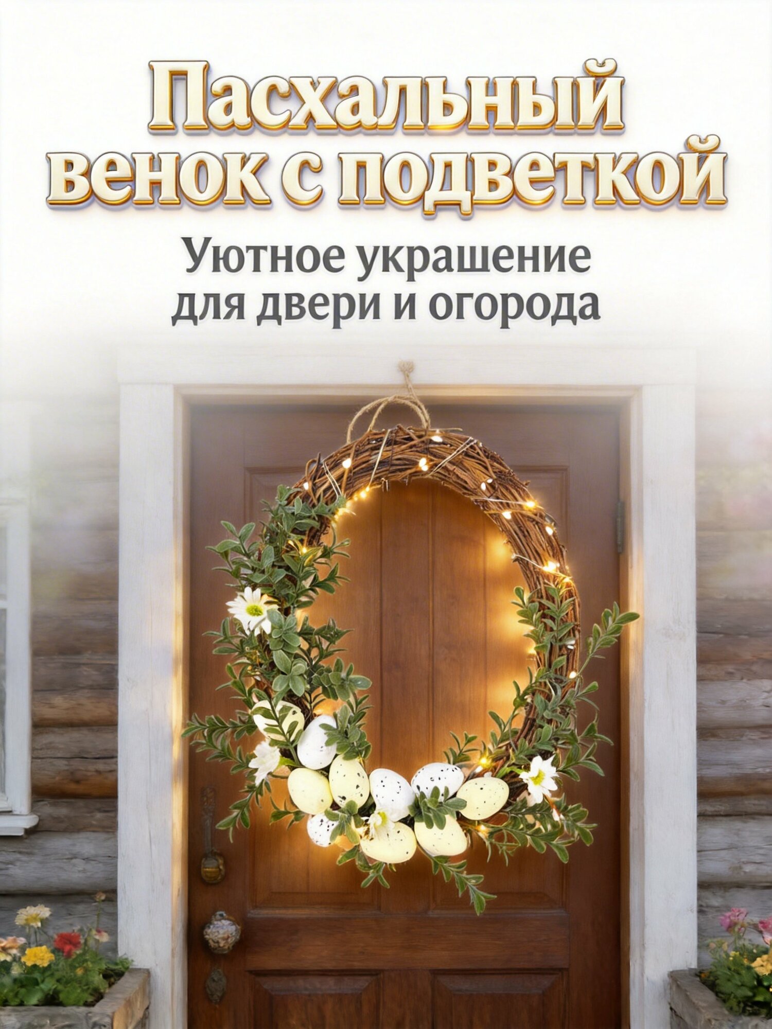 Пасхальный венок с подсветкой для декора дома, теплый белый свет, компактный размер 30x25x6 см — уютное украшение для дверей и окон