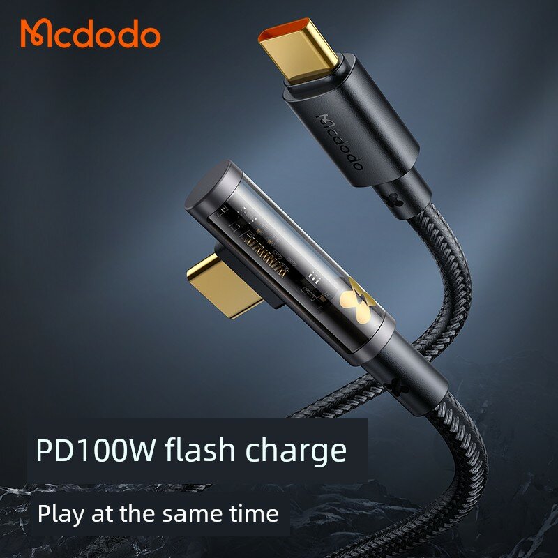 Прозрачно-черный кабель Type-C 1,2 м с изогнутым разъемом для PD100W быстрой зарядки, улучшенный цинковый сплав