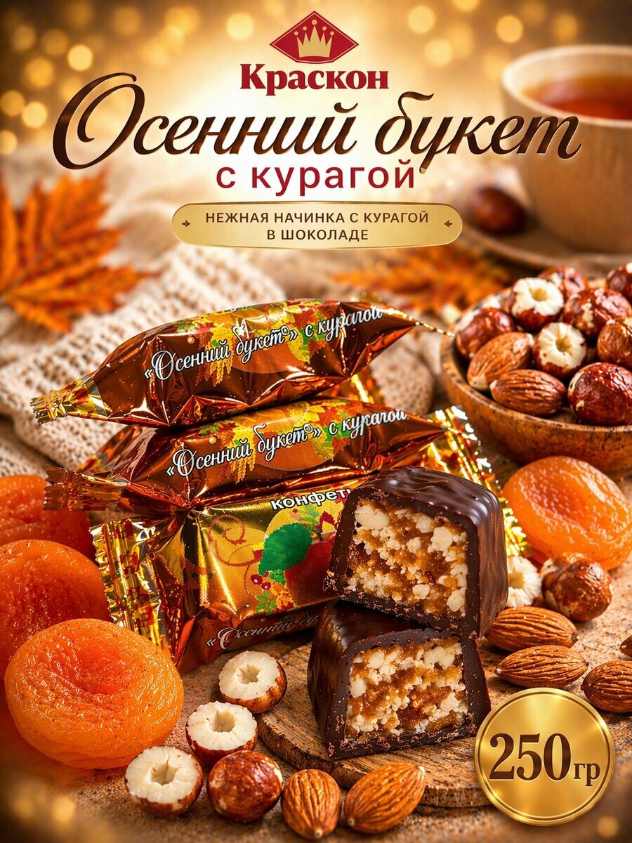 Шоколадные конфеты мягкий грильяж Осенний букет с курагой 250 гр