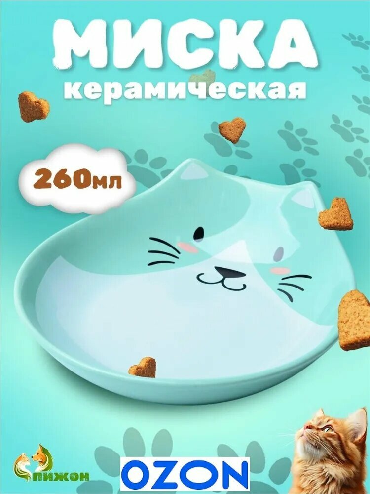 Керамическая Миска для Кошек Устойчивая с Антискользящим Дном, 260 мл, Мятная