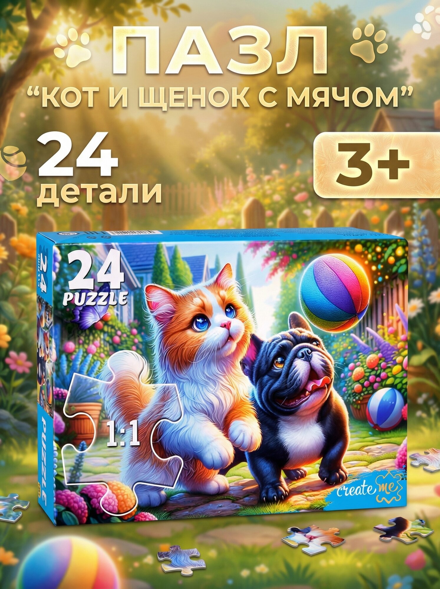 Рыжий кот Макси-пазлы "Кот и щенок с мячом", 24 элемента