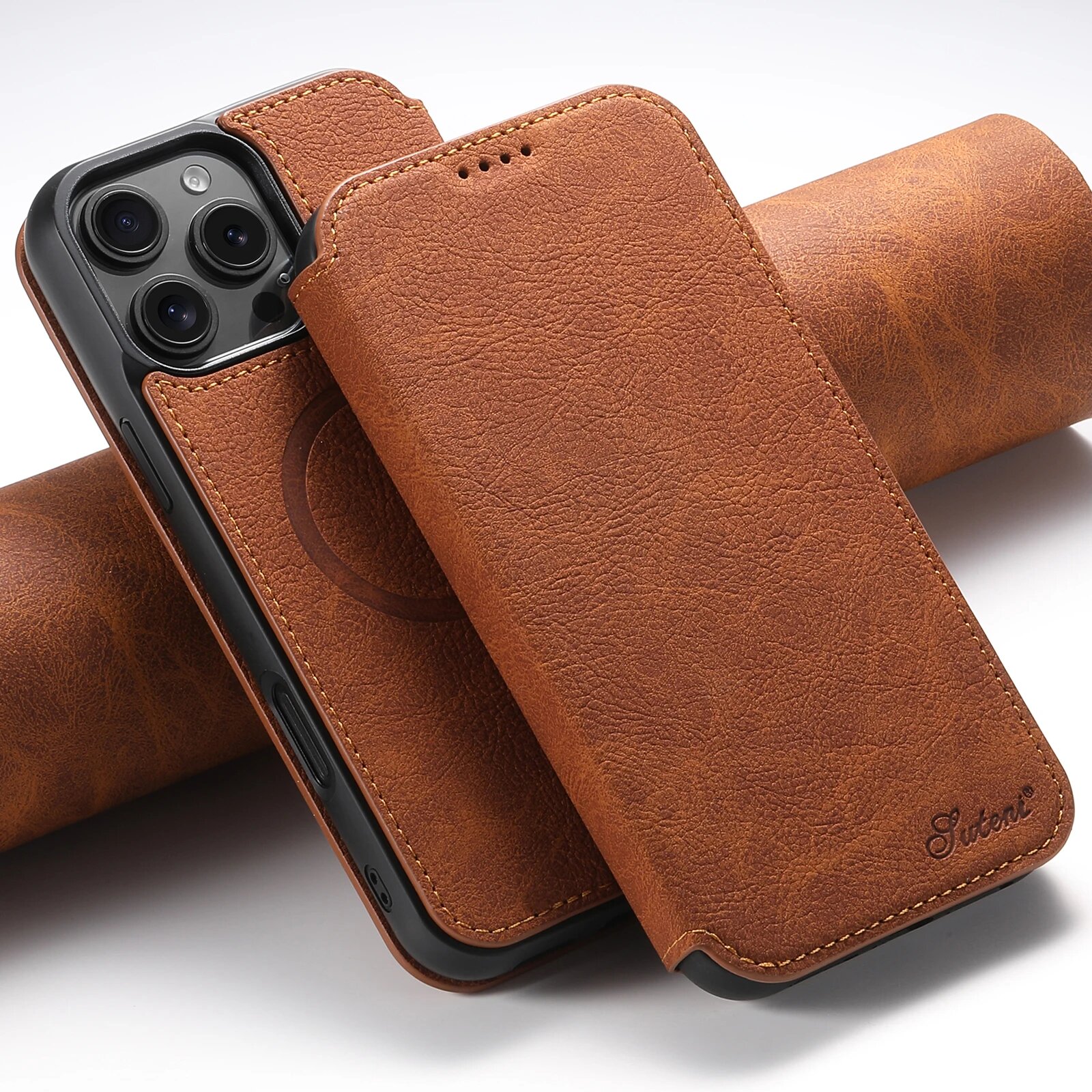 Магнитный Чехол-флип Для iPhone 17/16/15/14/13/12 С Беспроводной Зарядкой, Из iPhone17 Pro, Khaki