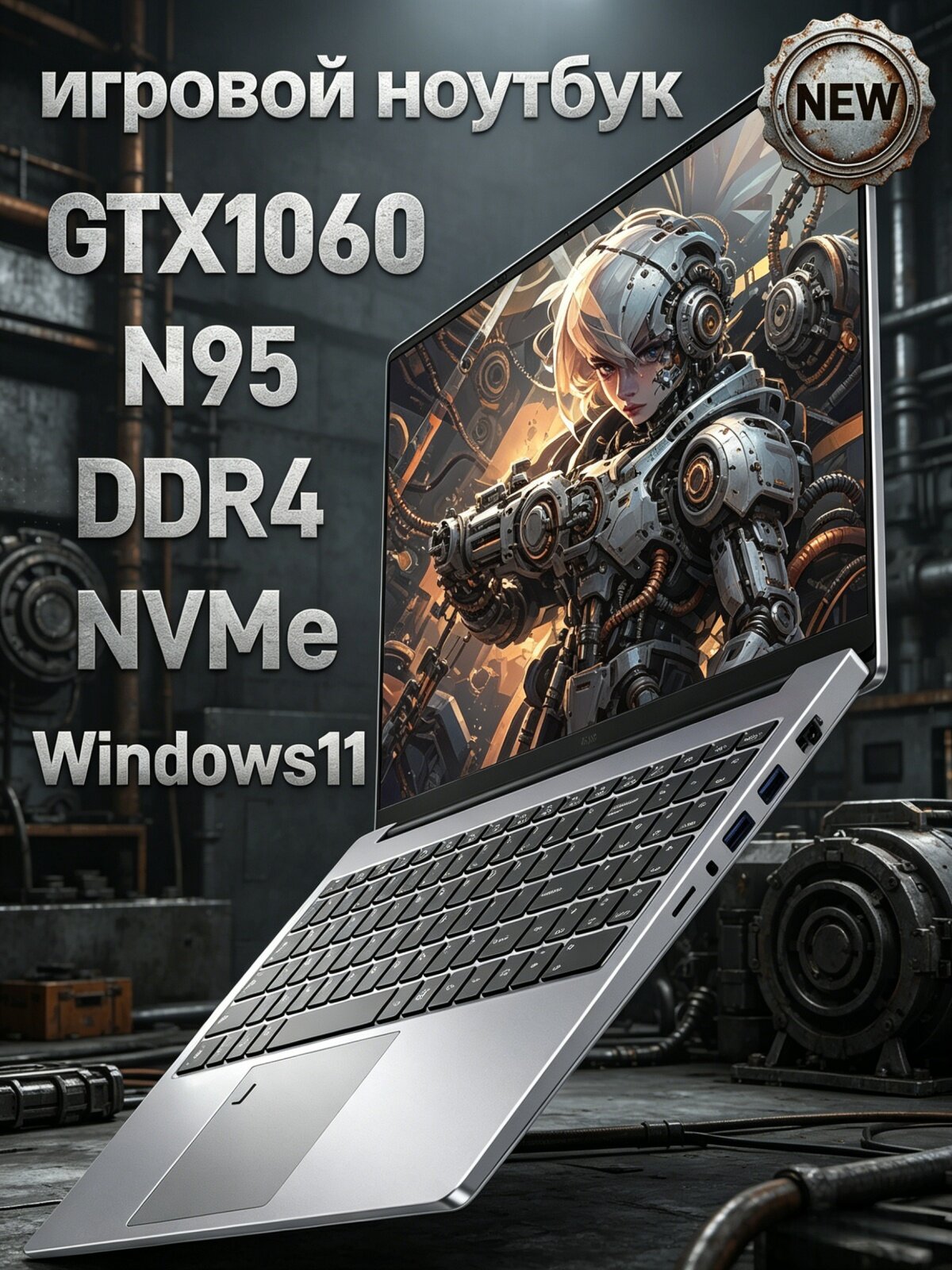 Ноутбук для работы, учёбы и игр 15,6" IPS, видеокарта GTX1060，Intel N95 до 3,4GHz, Подсветка клавиатуры，Windows11