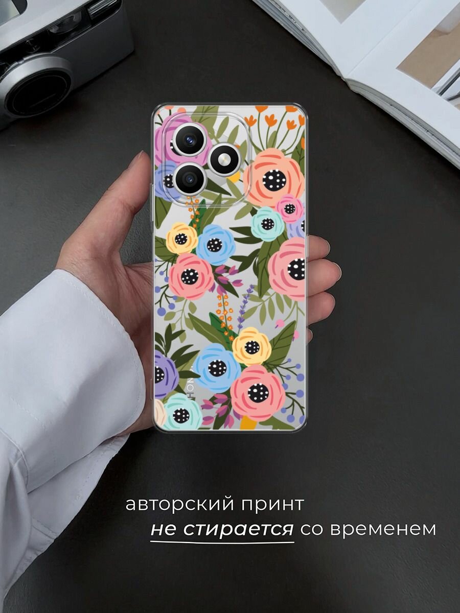 Чехол на Honor X8d / Хонор X8d с принтом Pattern of colored flowers, прозрачный — фото 1
