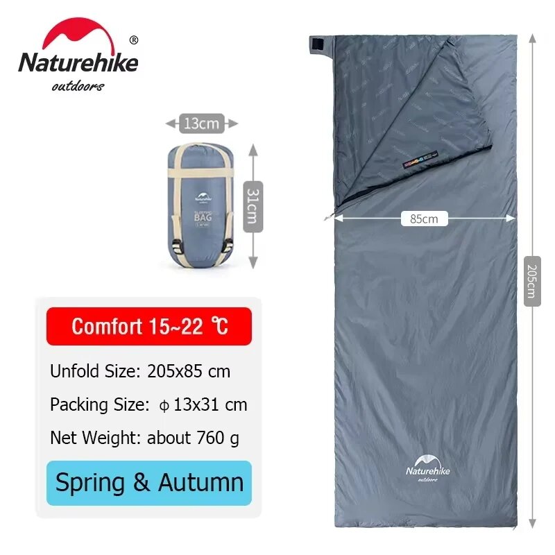 Naturehike LW180 Ультралёгкий хлопковый спальный мешок для взрослых Голубой, Blue - 205x85 cm