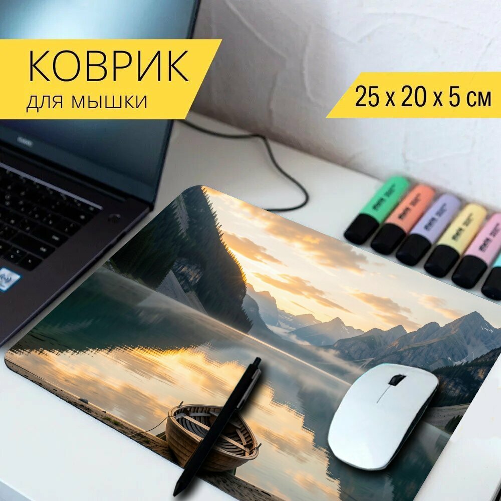 Коврик для мыши с принтом "Горное озеро с лодкой на рассвете. Тихая альпийская долина с зеркальной водой, окружённая скалистыми вершинами и хвойным лесом. Лодка на песчаном." 25x20см.